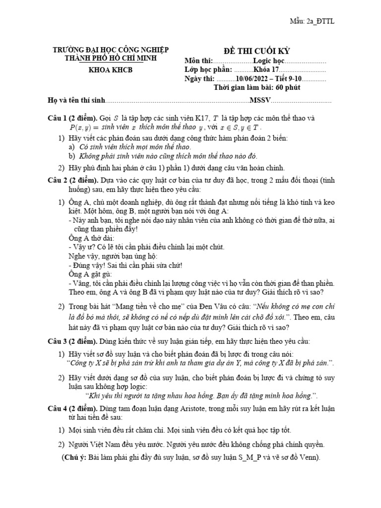 Dethi Cuoiky Logic 2 HK2 2021-2022 | PDF