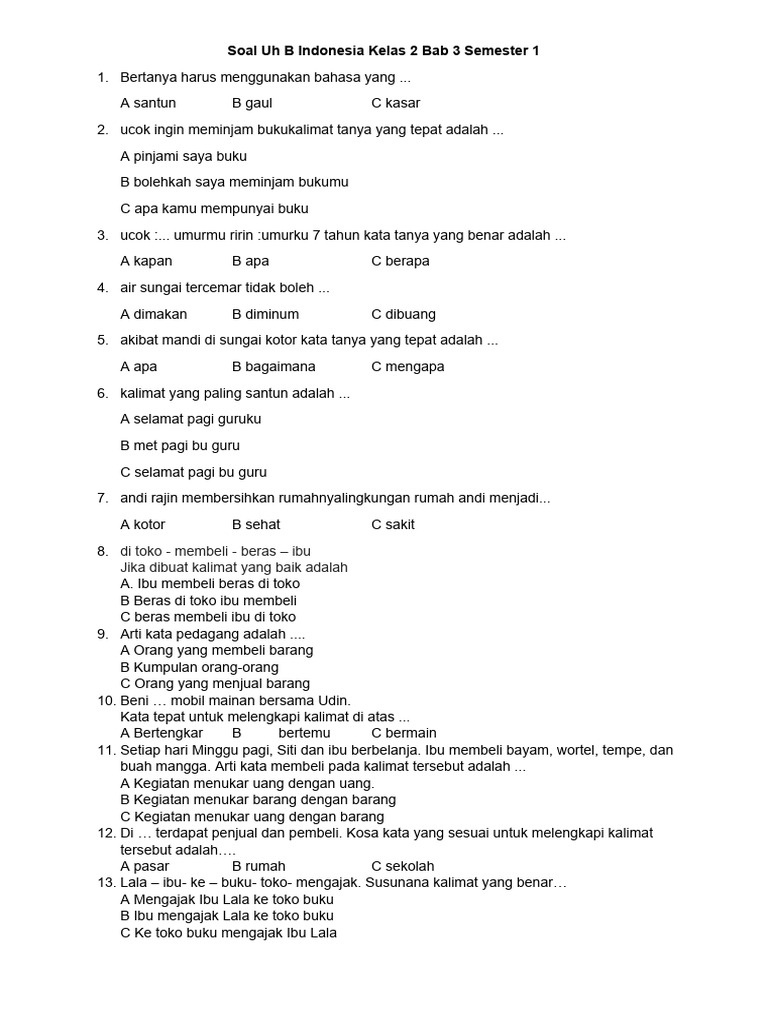 Soal Uh B Indonesia Kelas 2 Bab 3 | PDF
