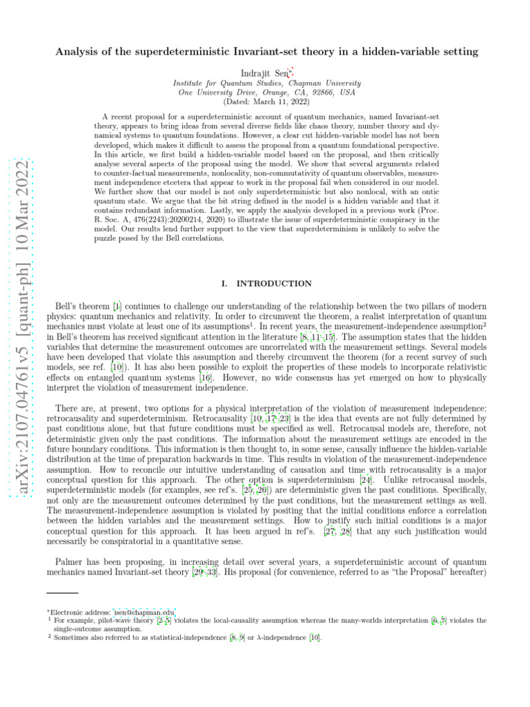 Analysis of The Superdeterministic Invariant-Set Theory in A Hidden-Variable Setting - Indrajit ...