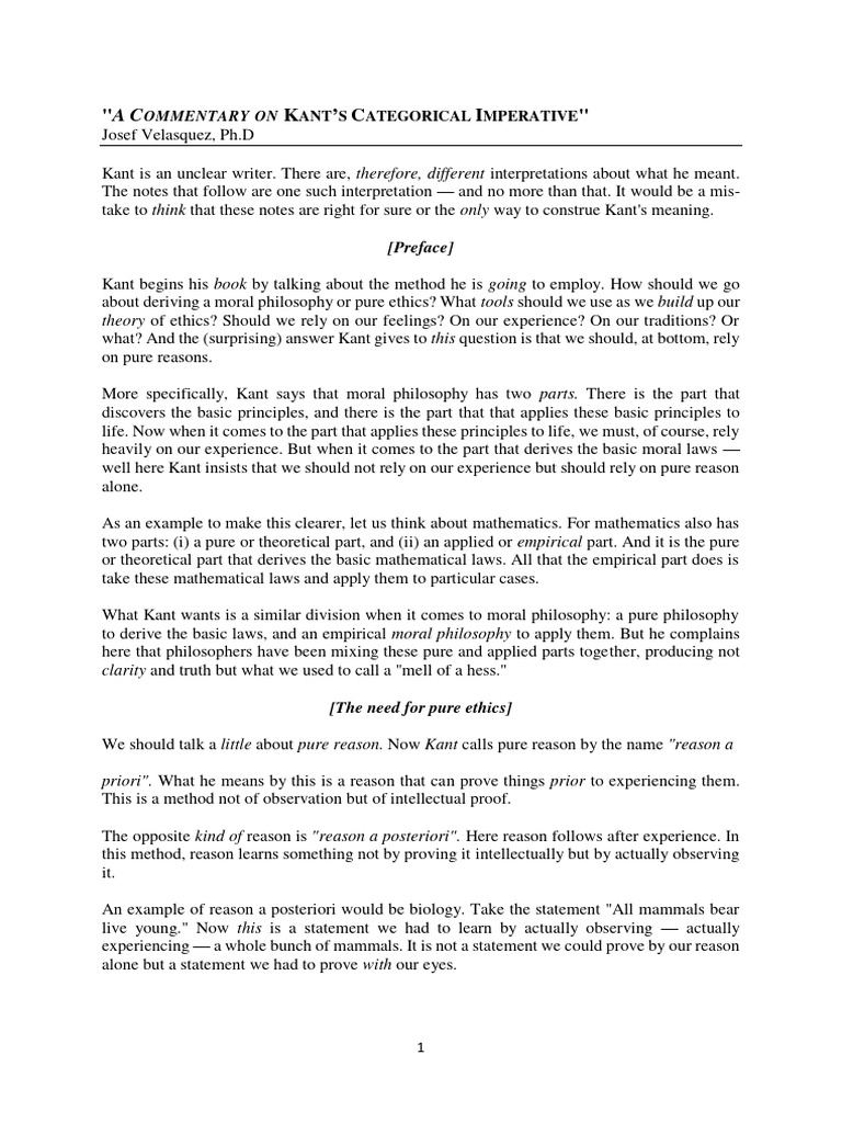 Josef Velasquez. PHD - Commentary On Kant's Categorical Imperative | PDF | Immanuel Kant | Reason