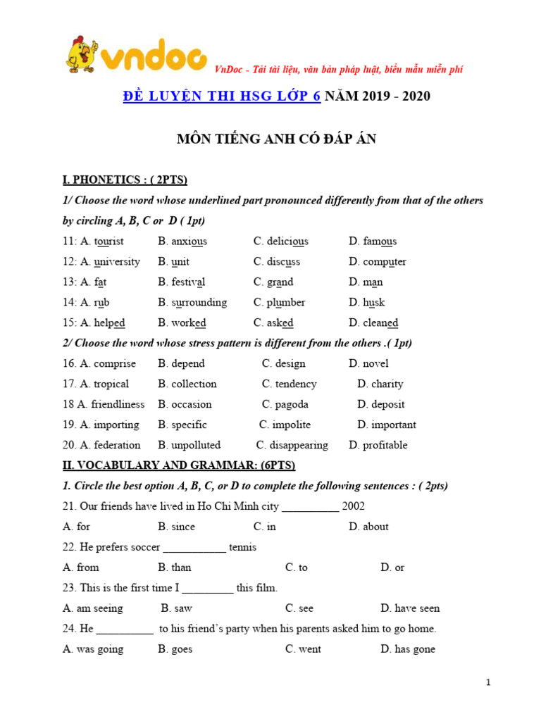 De Luyen Thi Hoc Sinh Gioi Lop 6 Mon Tieng Anh Nam Hoc 2019 2020 So 9 | PDF | Linguistics