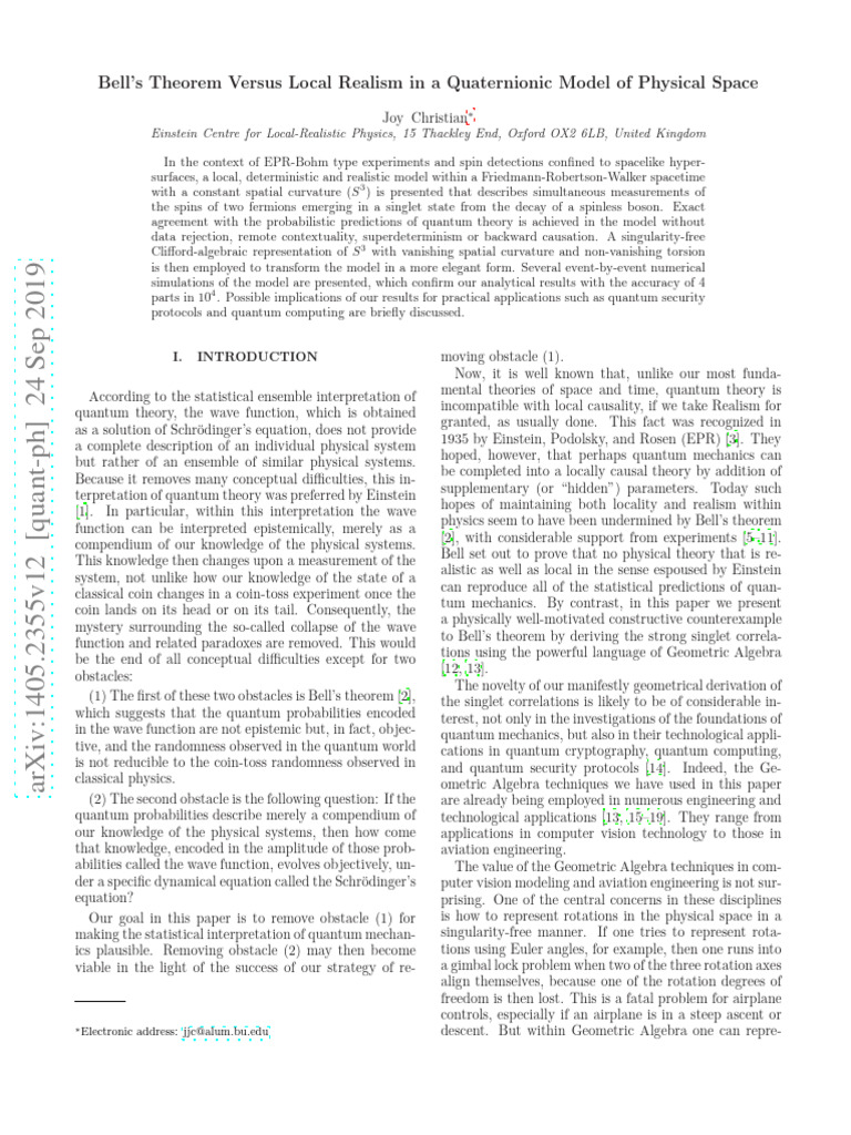 Bell's Theorem Versus Local Realism in A Quaternionic Model of Physical ...
