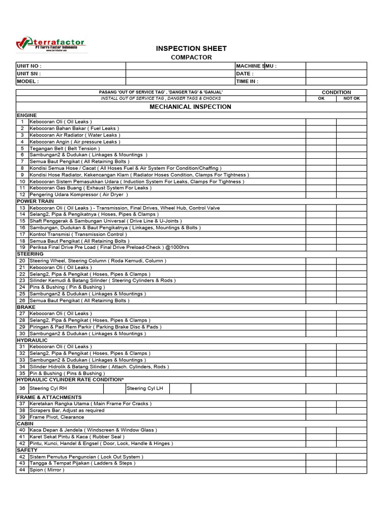 Inspection Sheet - For Compactor | Download Free PDF | Vehicles ...