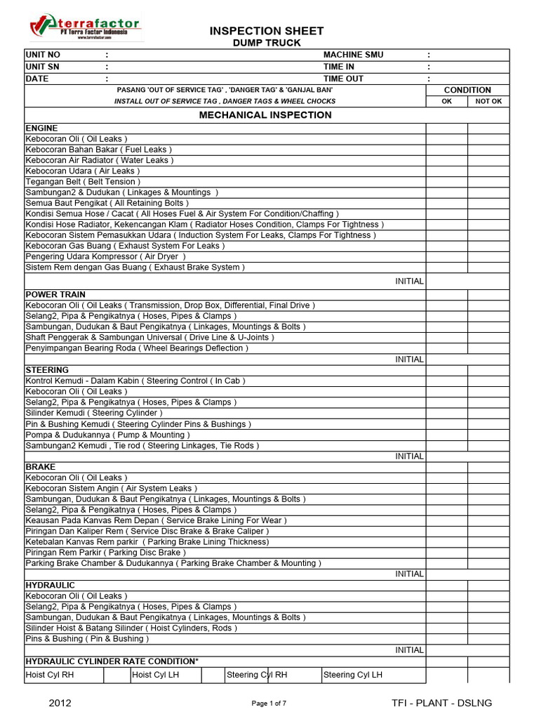 Inspection Sheet - For Dump Truck | PDF | Brake | Air Conditioning