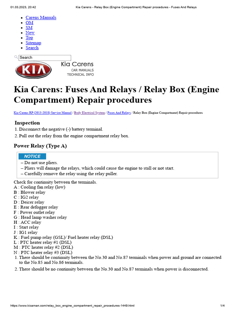 Kia Carens - Relay Box (Engine Compartment) Repair Procedures - Fuses ...