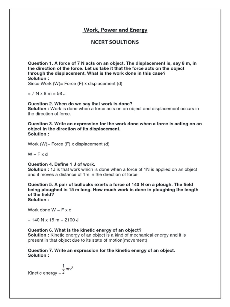 Work Power Energy Solutions | PDF | Force | Kinetic Energy