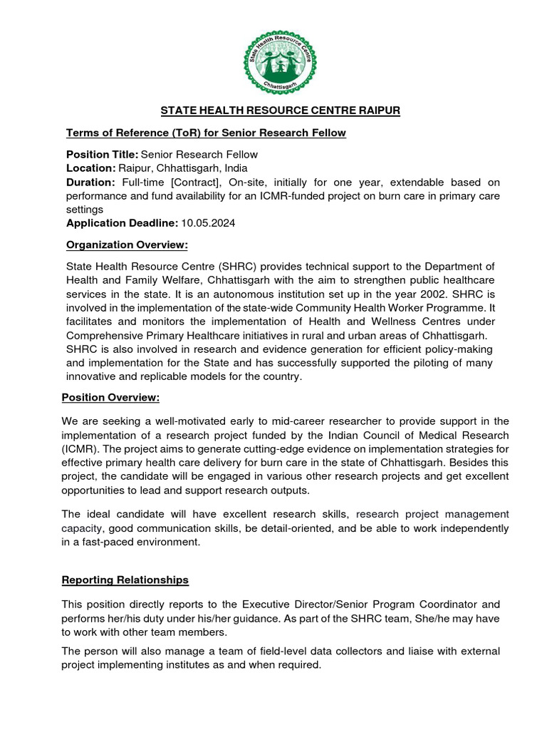Senior Research Fellow Position in Raipur | PDF | Finance & Money ...