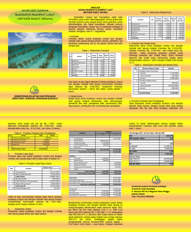 Leaflet Analisa Usaha Budidaya Rumput Laut Metode Rakit Apung | PDF