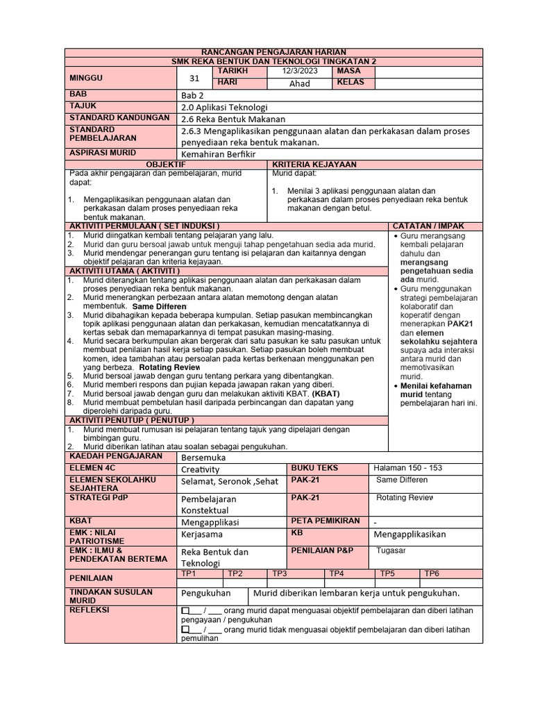 Contoh 2 - RPH RBT T2 - Reka Bentuk Makanan | PDF