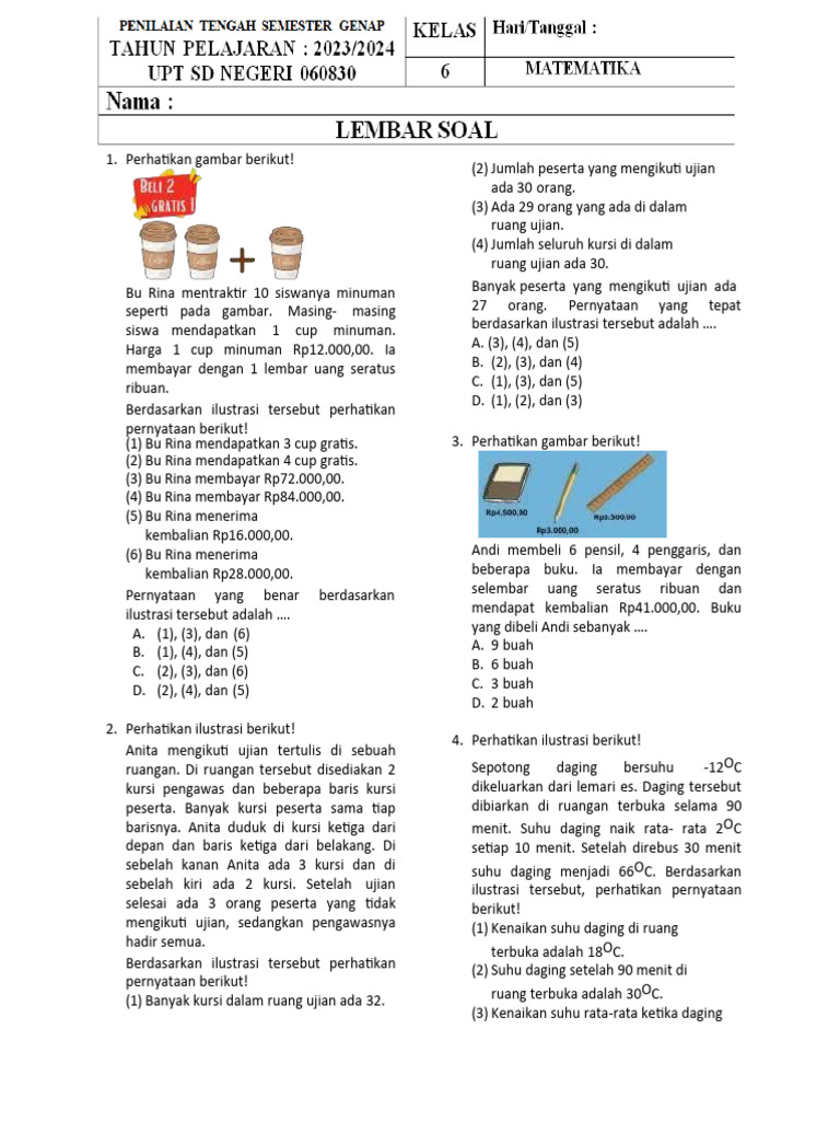 Soal PTS Genap Kelas 6 Matematika | PDF | Metode & Bahan Ajar | Seni