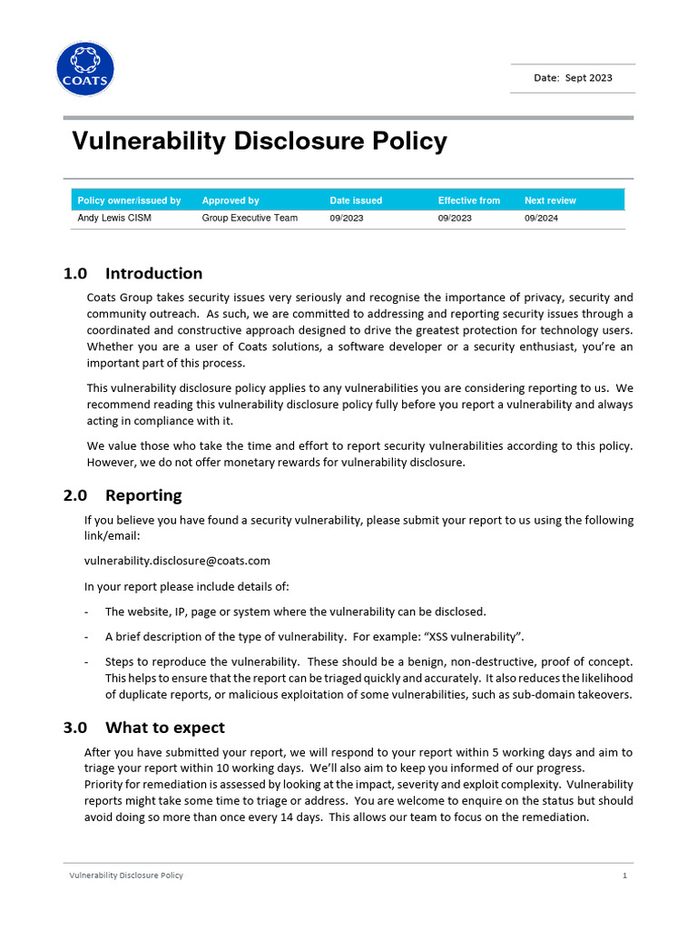 Coats Group Vulnerability Disclosure Policy | PDF | Vulnerability ...