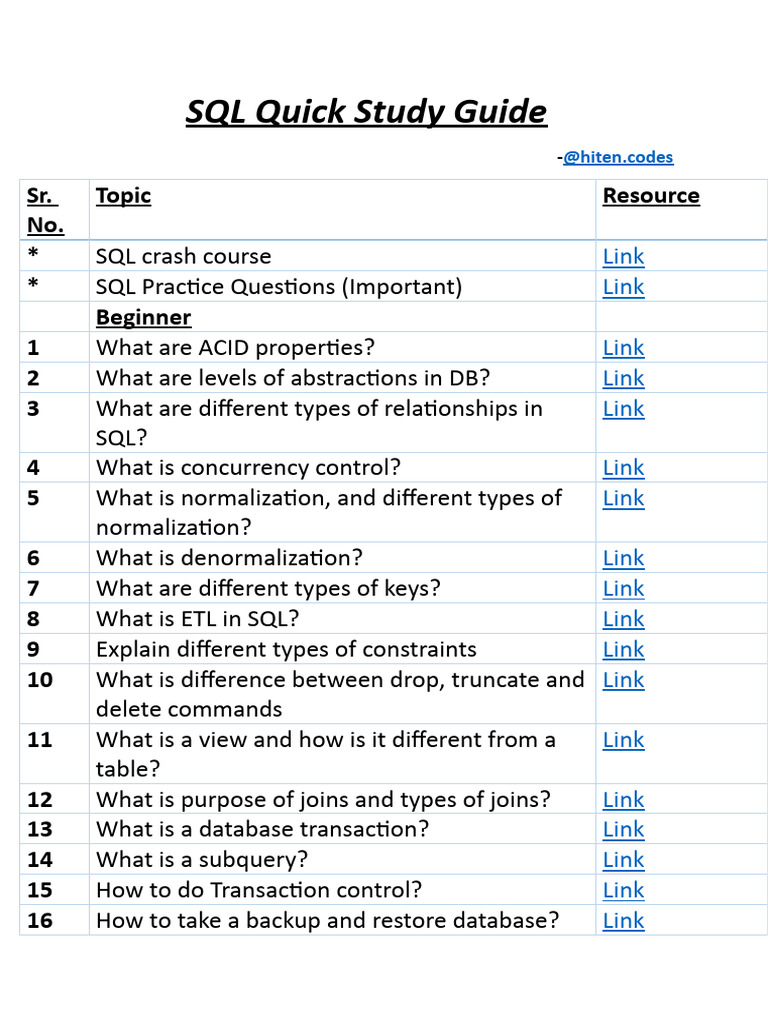 SQL Quick Study Guide | PDF