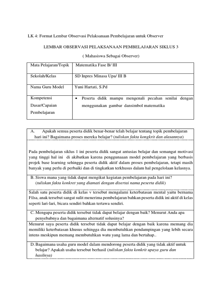 LK 4 - Lembar Observasi Pembelajaran Observer - Siklus 3 | PDF