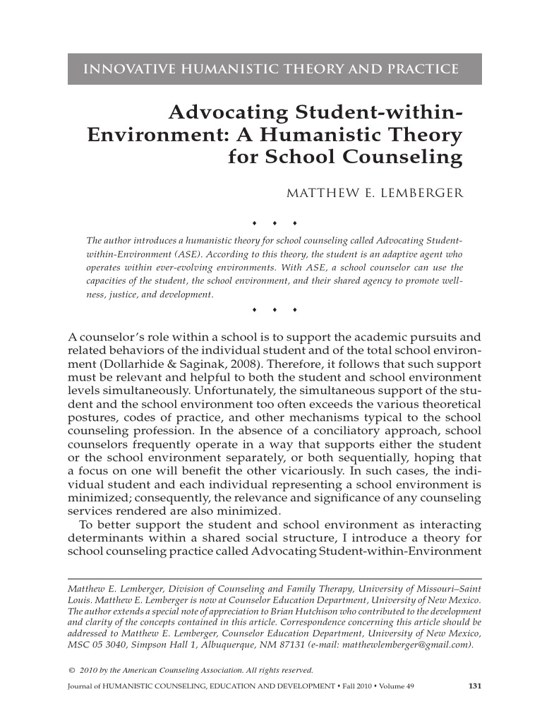 Advocating Student-within-Environment A Humanistic Theory For School ...