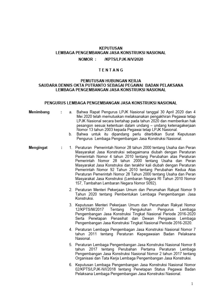 Draft SK Pemberhentian Pegawai Tetap Dennis | PDF