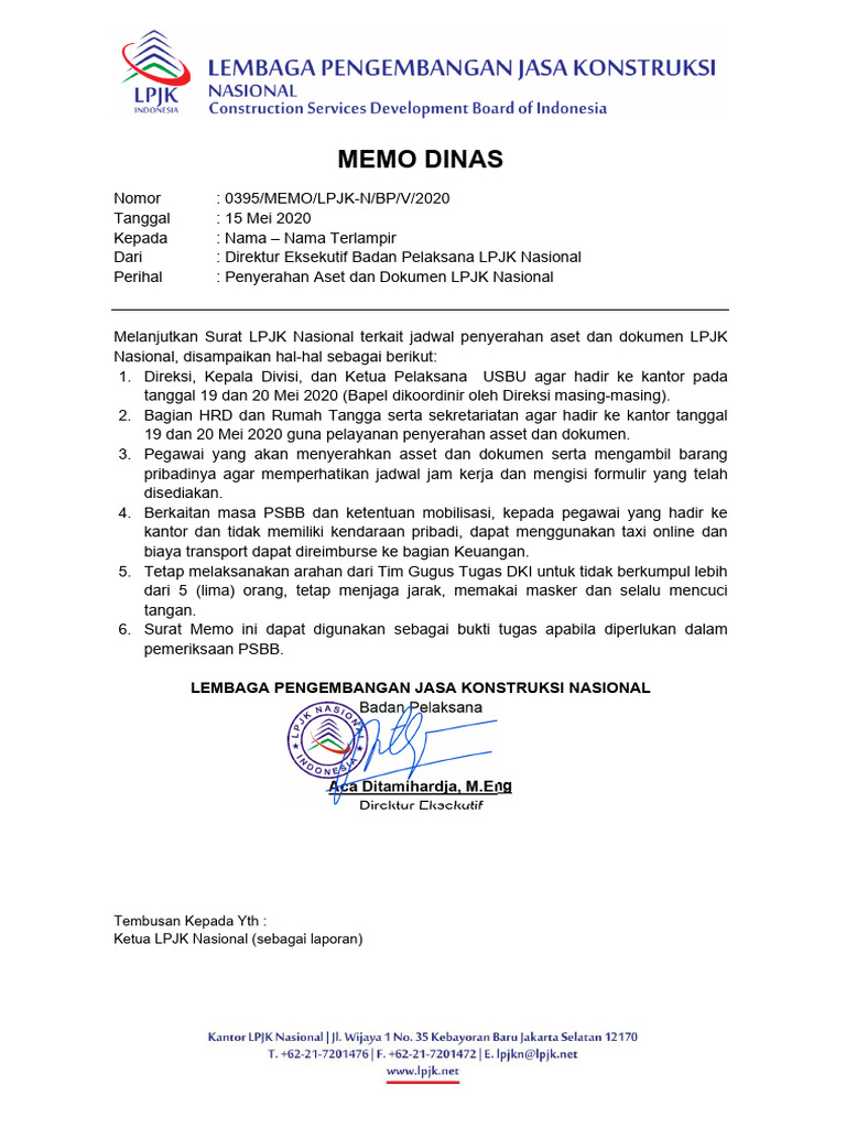 0395 - MEMO DINAS Penyerahan Aset Dan Dokumen LPJK Nasional | PDF