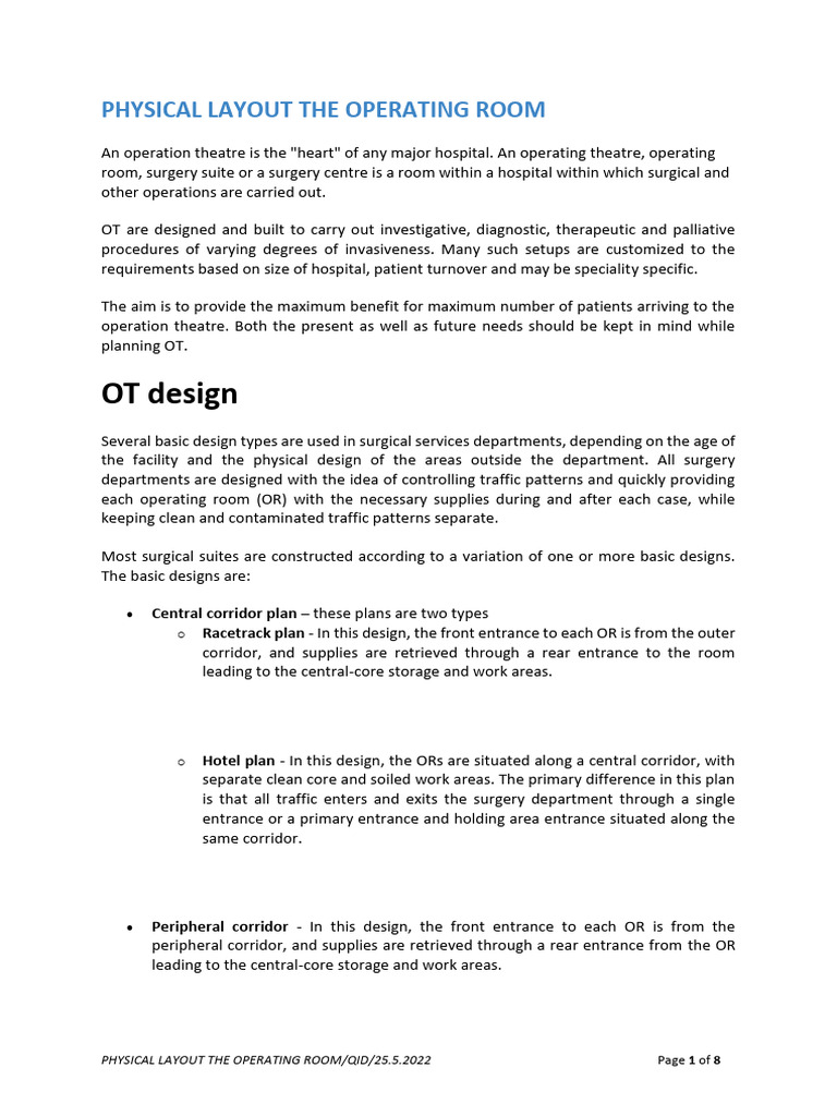 PHYSICAL LAYOUT THE OPERATING ROOM | PDF | Operating Theater | Surgery