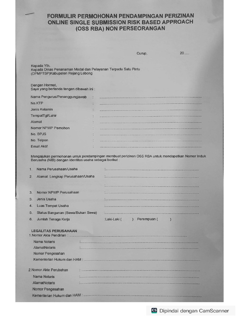 Formulir Permohonan OSS RBA Non Perseorangan | PDF