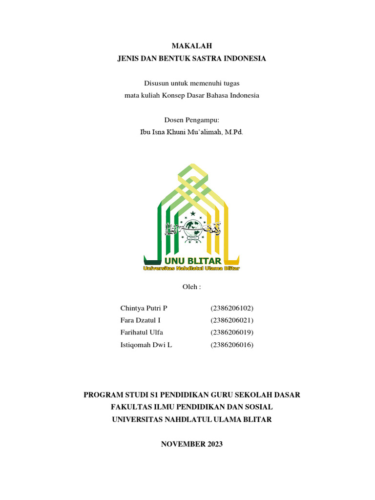 Jenis Dan Bentuk Sastra Indonesia | PDF | Fiksi Umum