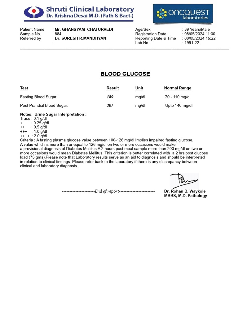 Blood Glucose: Test Result Unit Normal Range | PDF | Wellness