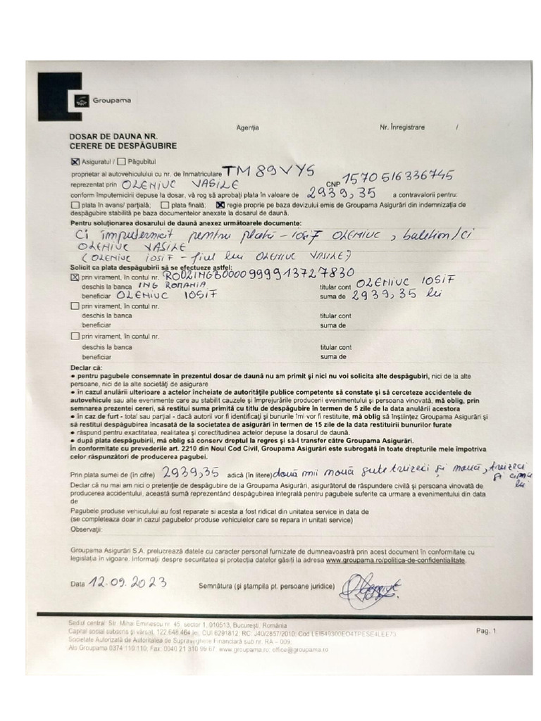 Cerere Despagubire Oleniuc Vasile | PDF