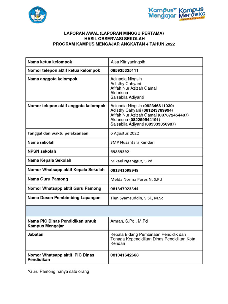 Laporan Awal KM4 - SMP Nusantara KDI | PDF