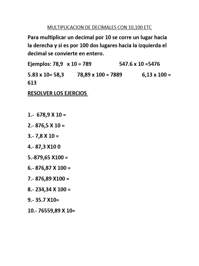 Multiplicación de Decimales por 10 y 100 | PDF | Métodos y materiales ...