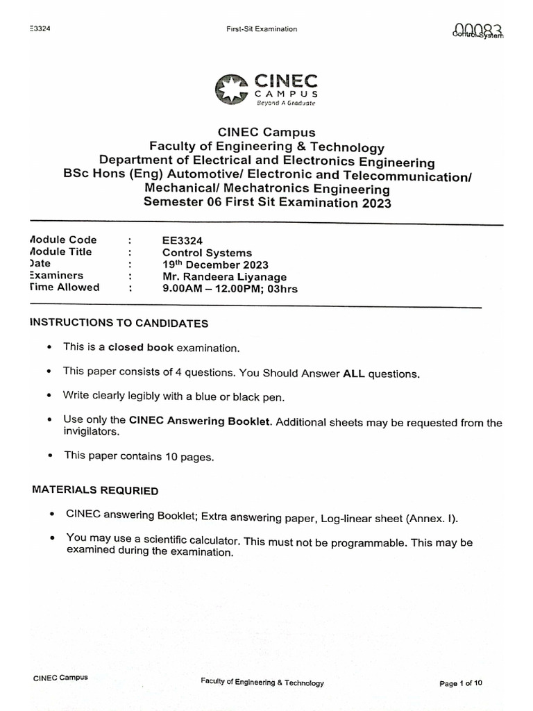 Control Systems First Sit Paper | PDF