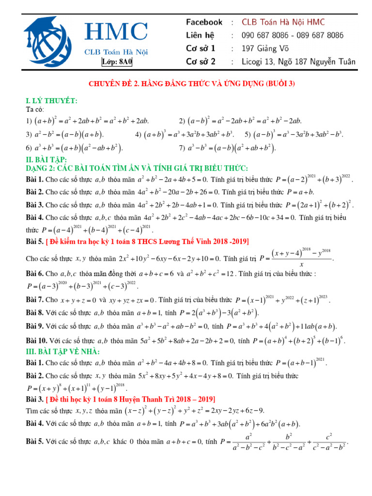 Buoi 3chuyen de Ung Dung Cua Hang Dang Thuc Voi Bai Toan Tinh Gia Tri Bieu Thuc | PDF