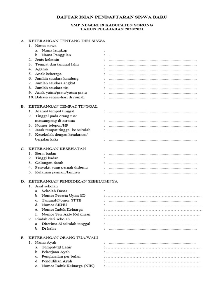 Formulir Pendaftaran Siswa Baru SMP | PDF