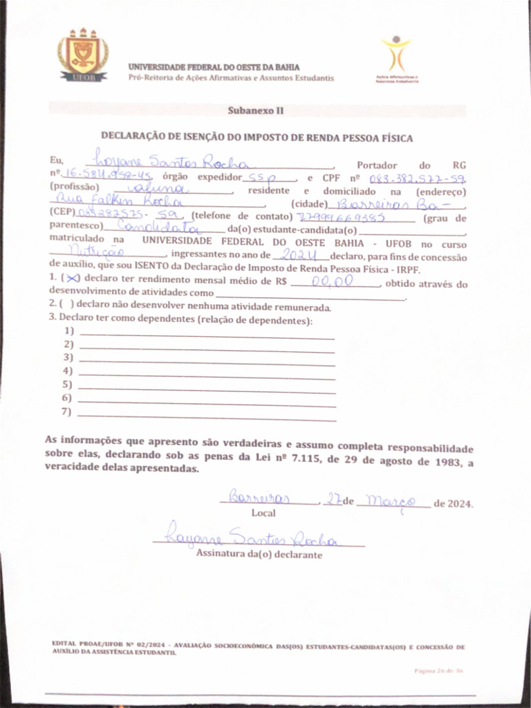 Documento Declaração Não Imposto de Renda | PDF Documento Declaração Não Imposto de Renda | PDF