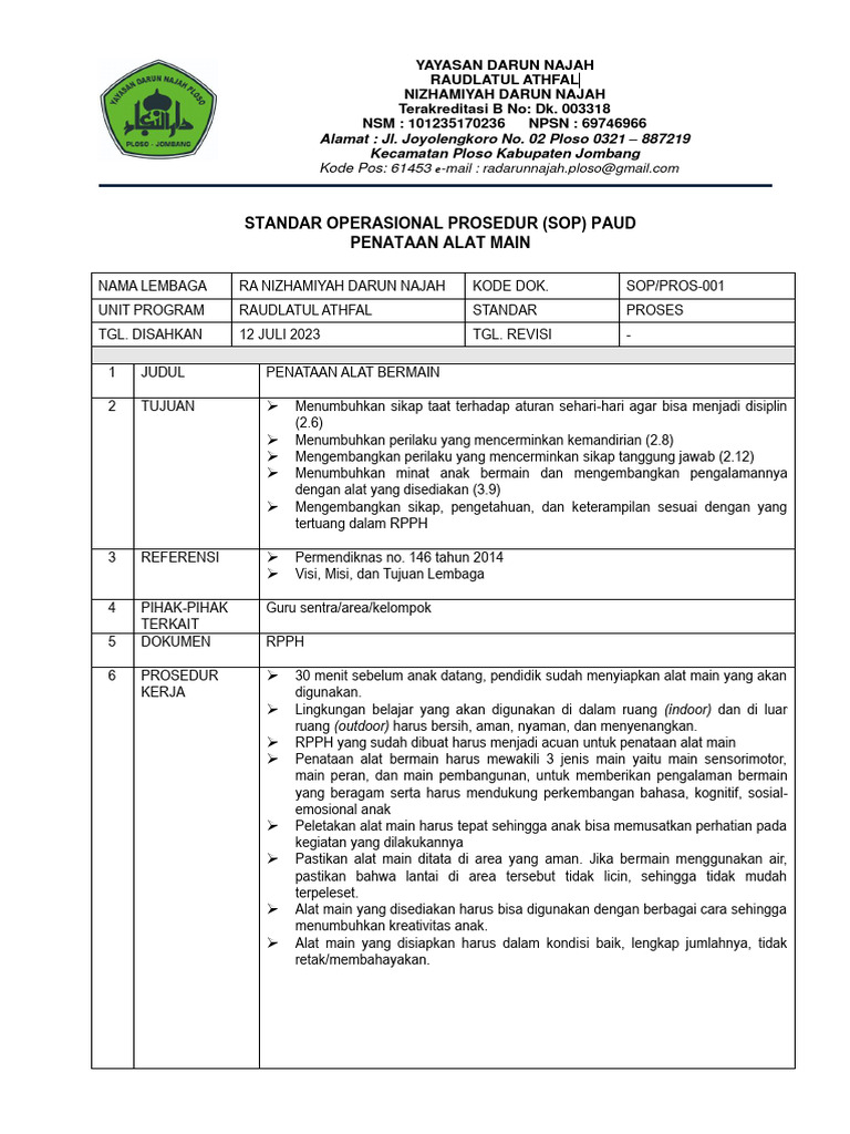 1 Sop Paud Penataan Alat Main Ra DN 2022 | PDF