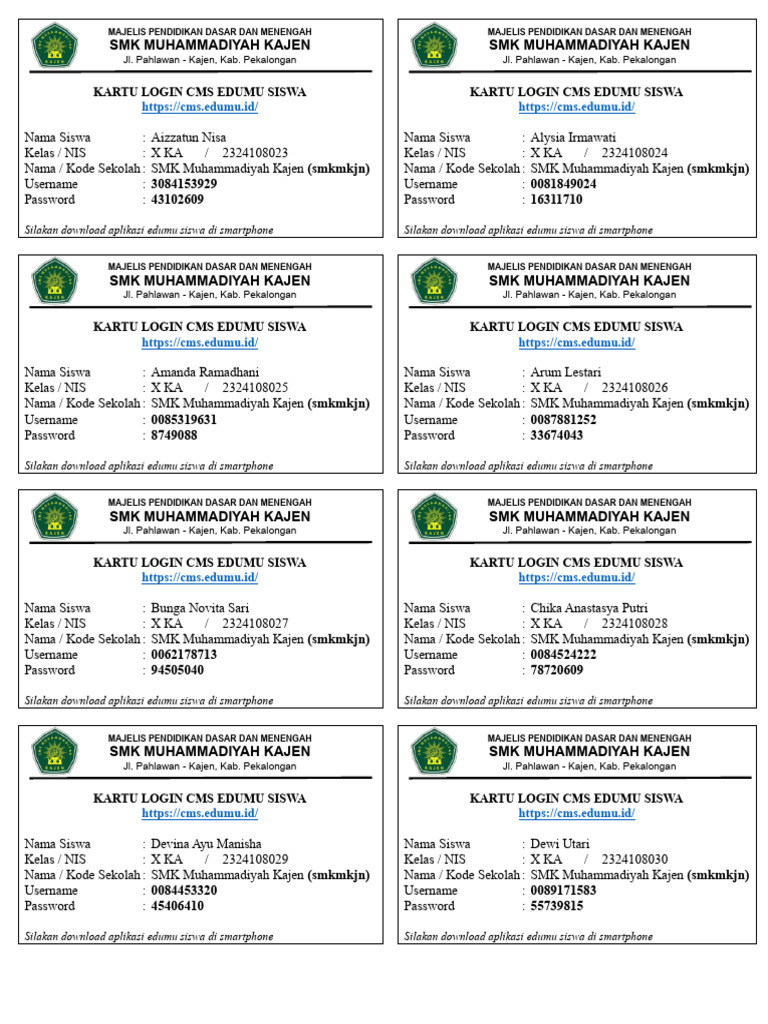 Cetak Kartu Login Cms Edumu Kelas X | PDF
