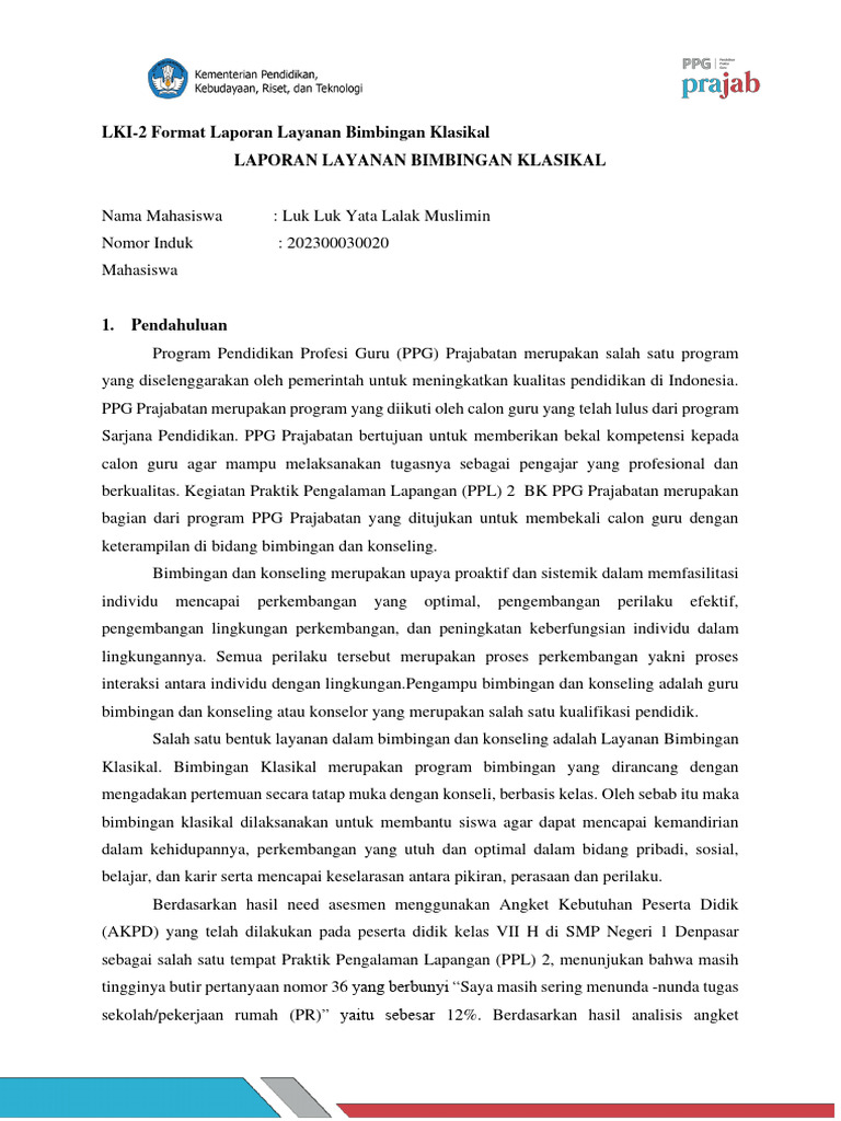 LKI - 2 Format Layanan Bimbingan Klasikal - PPL2 | PDF