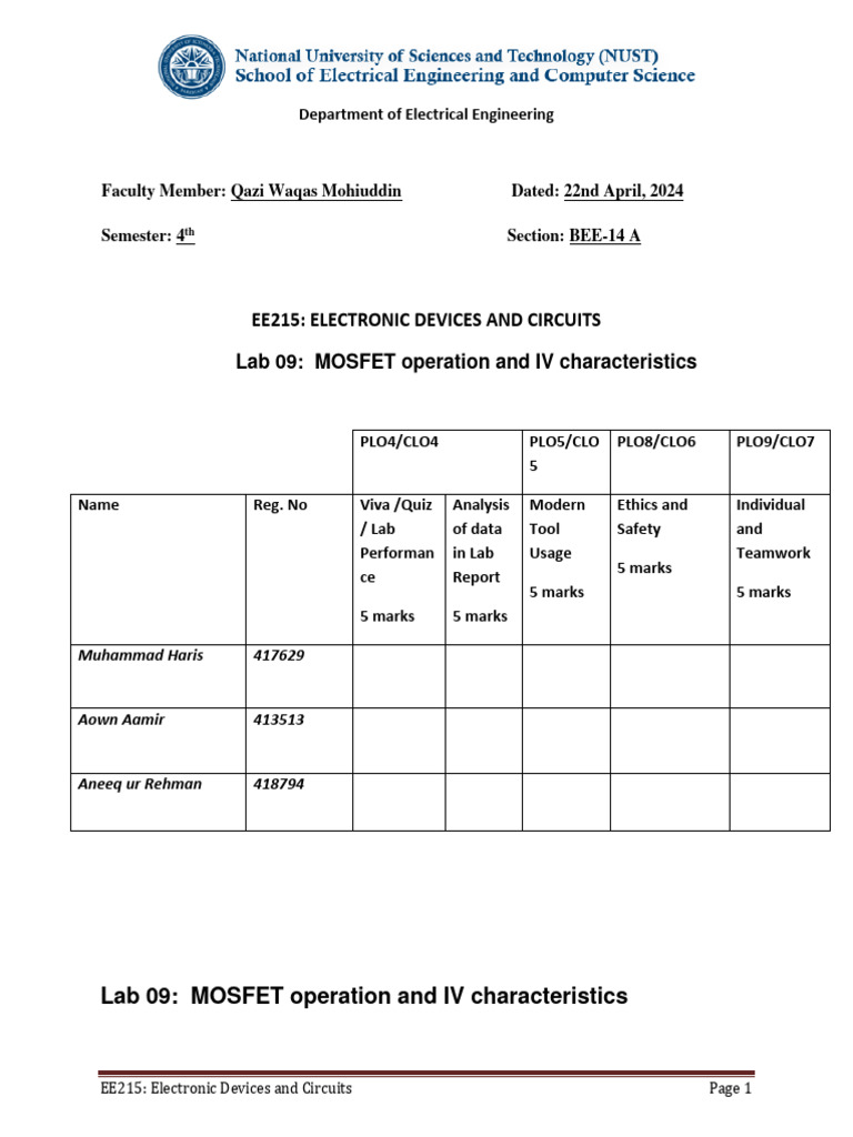 EDC Lab 9 | PDF | Field Effect Transistor | Mosfet