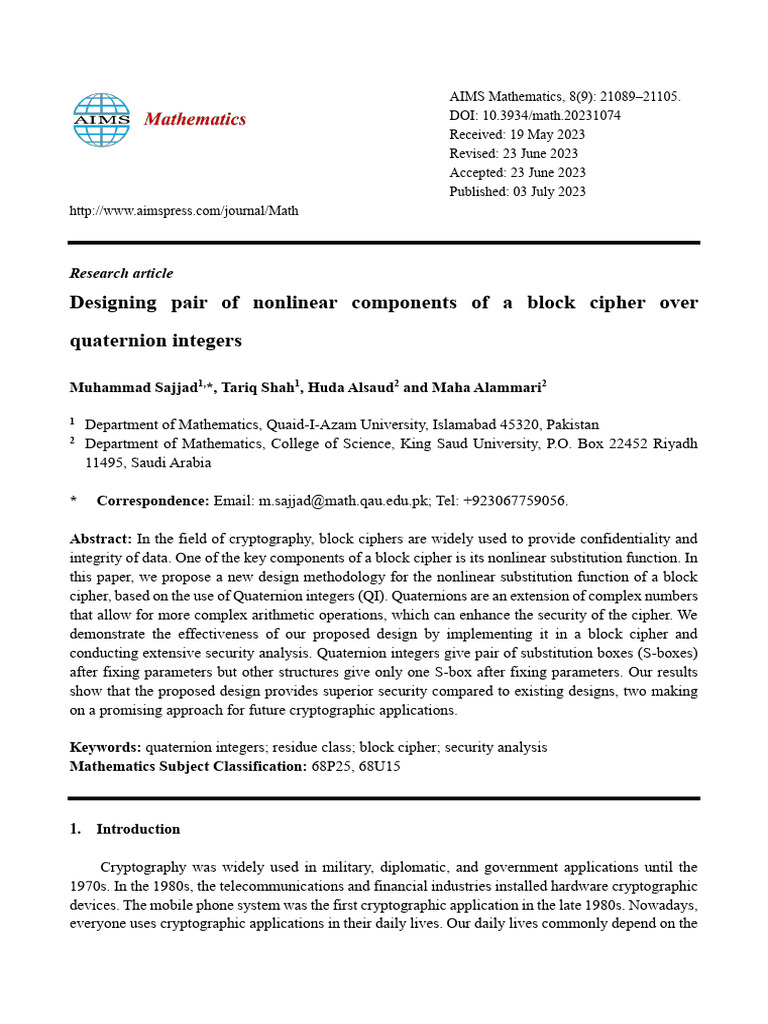 Designing Pair of Nonlinear Components of A Block | Download Free PDF | Cryptography | Nonlinear ...