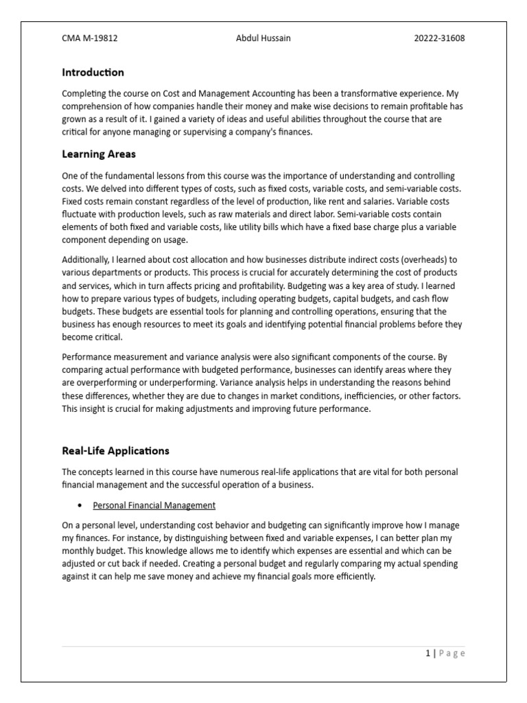 Assignment CMA | PDF | Management Accounting | Budget