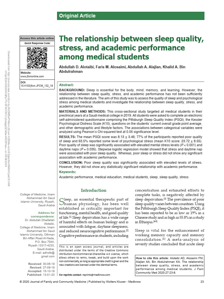 The Relationship Between Sleep Quality, Stress,.4 | PDF | Sleep | Determinants Of Health