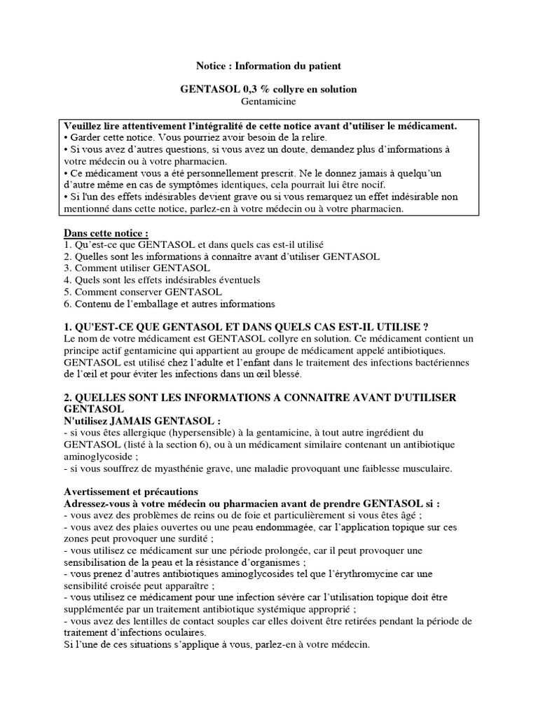 Gentasol Notice FR | PDF | Effet indésirable | Lentilles de contact