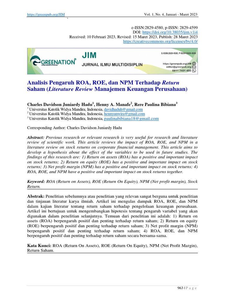 Analisis Pengaruh ROA, ROE, Dan NPMTerhadap Return | PDF | Bisnis