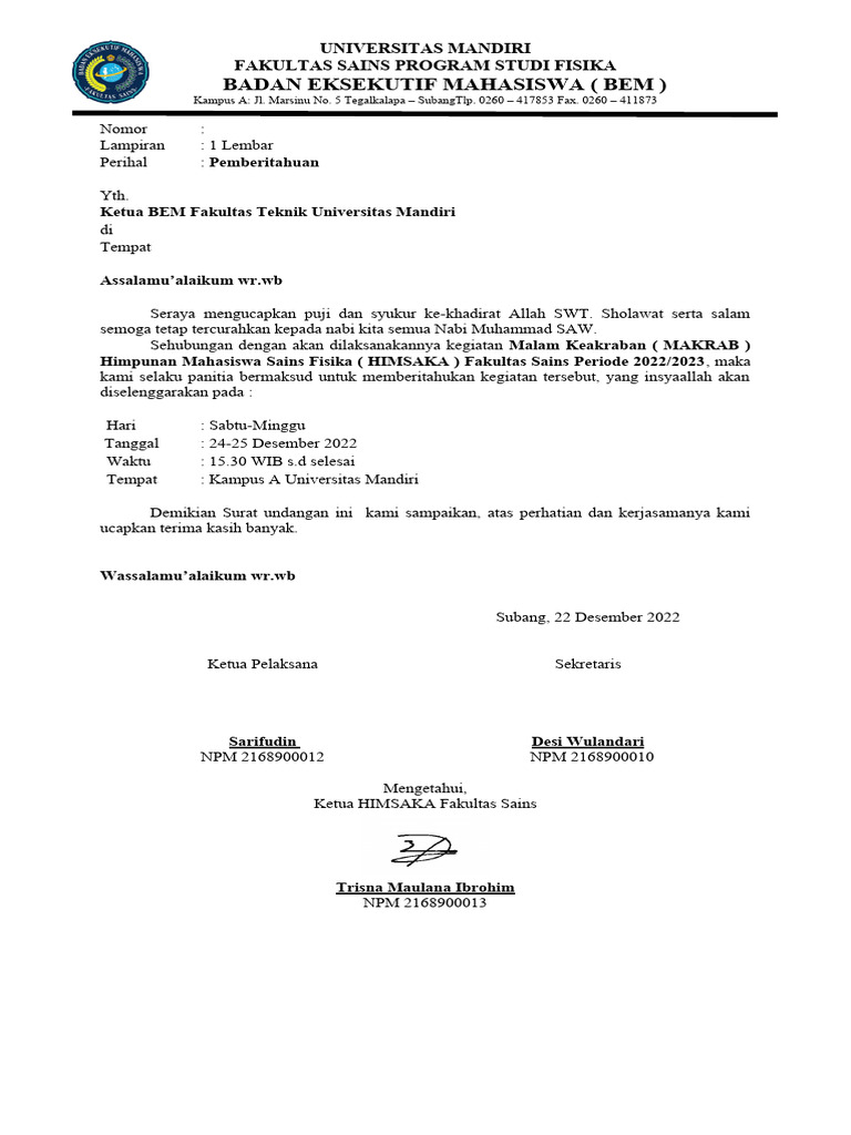(Contoh Surat Undangan, Surat Pemberitahuan) SURAT UNDANGAN MAKRAB | PDF