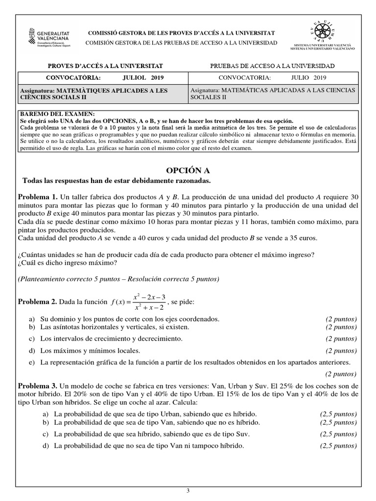 Examen MatemÃ¡ticas Aplicadas A Las Ciencias Sociales de La Comunidad Valenciana (Extraordinaria ...