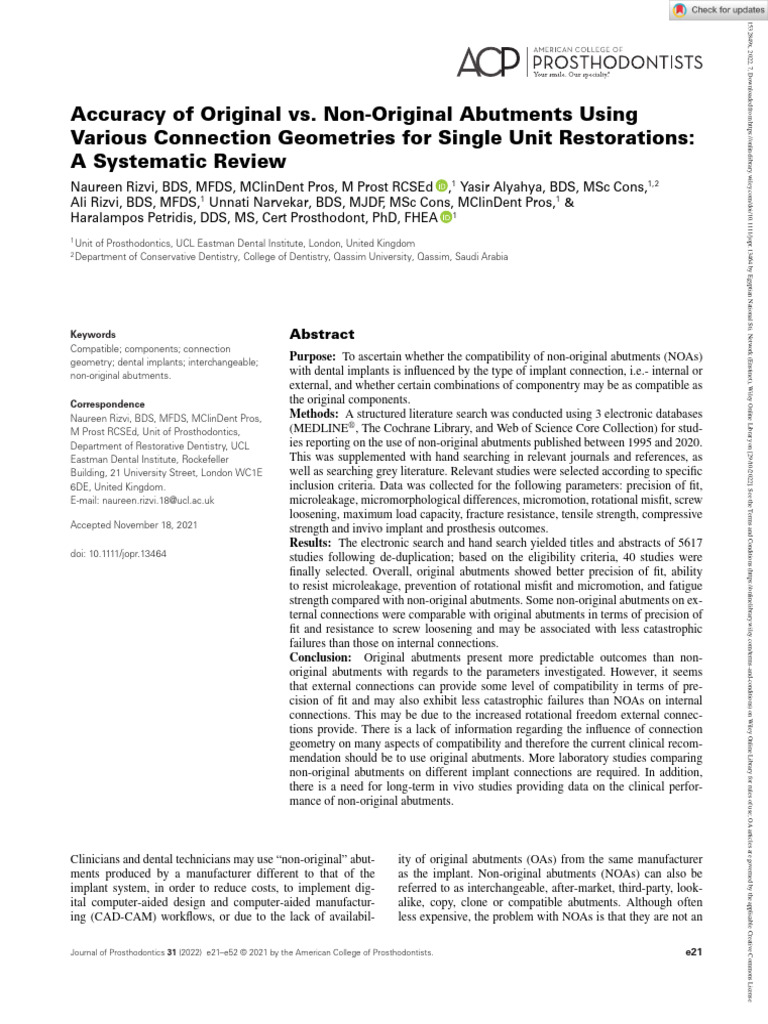 2021 - Systematic Review Accuracy of Original Vs Non Original Abutments ...