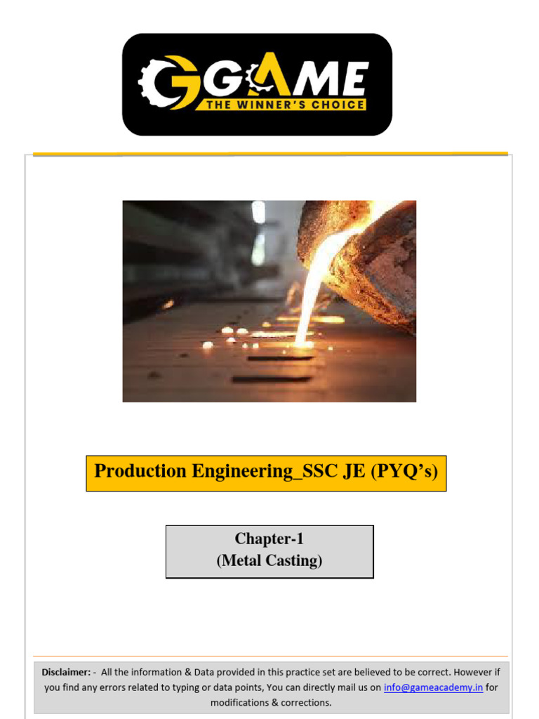 SSC-JE - Manufacturing - PYQ-s - Chapter - 1 - Metal Casting | PDF | Foundry | Casting