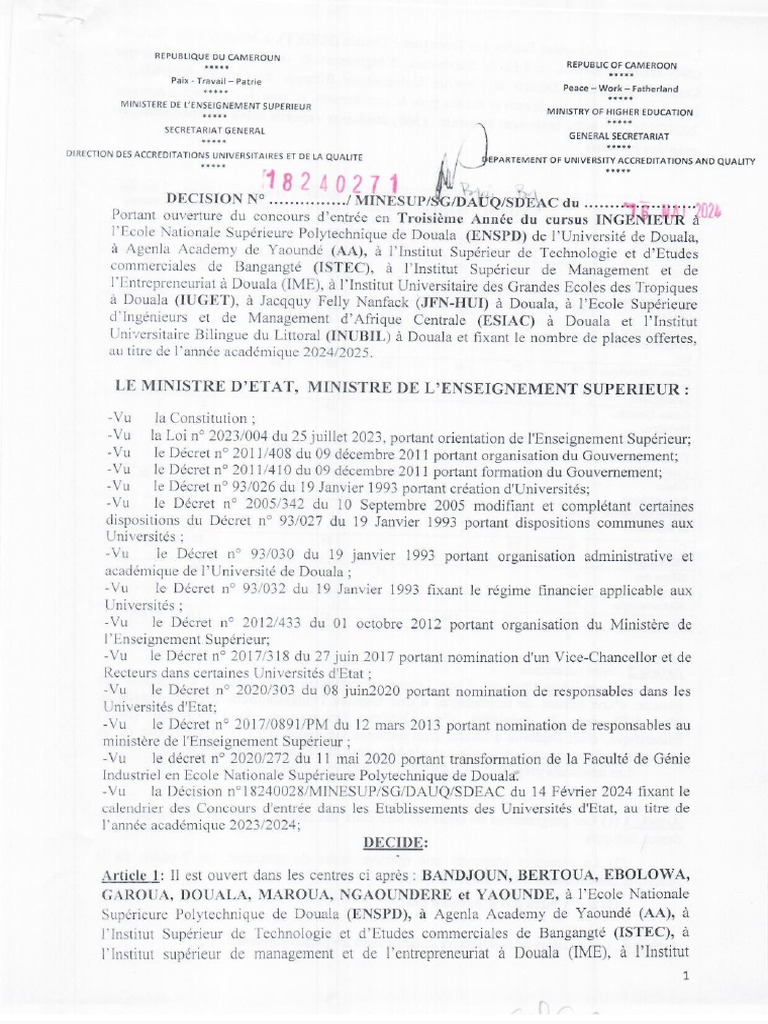 Concours ENSPD UD 2024 3eme Annee Ingenieurs FR | PDF