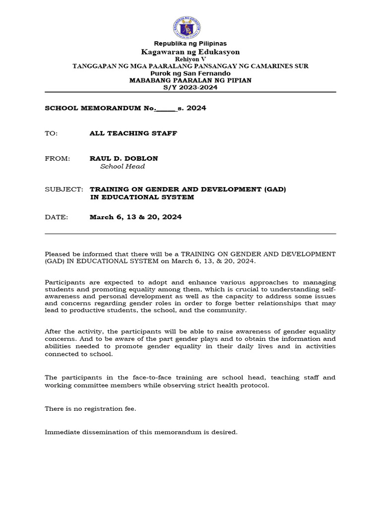 School Memo GAD Training | PDF