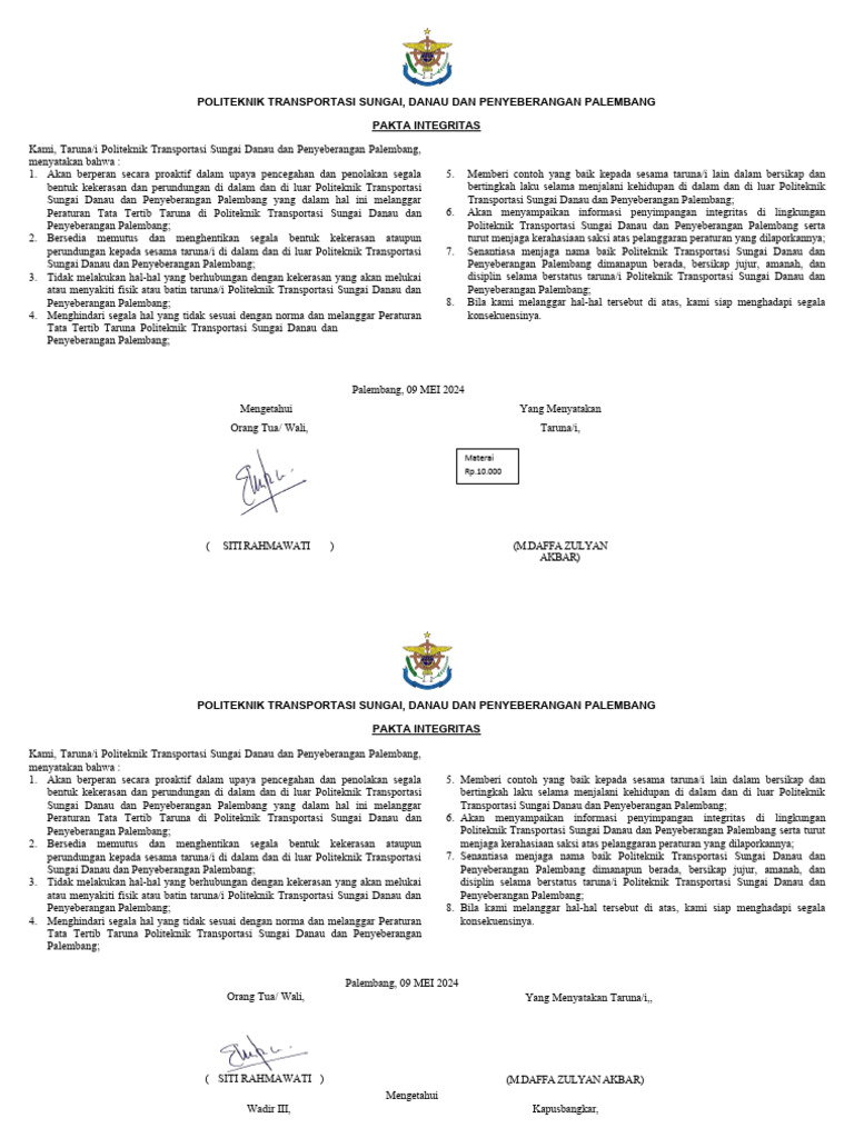 Pakta Integritas Taruna Poltektrans Sdp Final | PDF