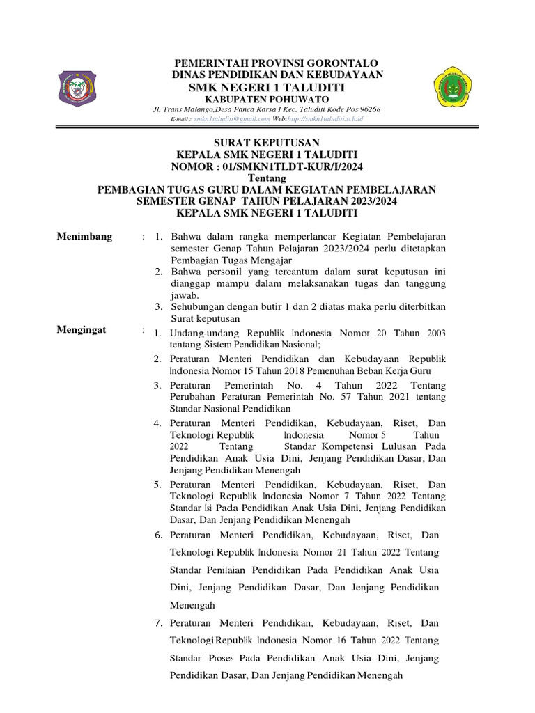 SK Pembagian Tugas Mengajar | PDF