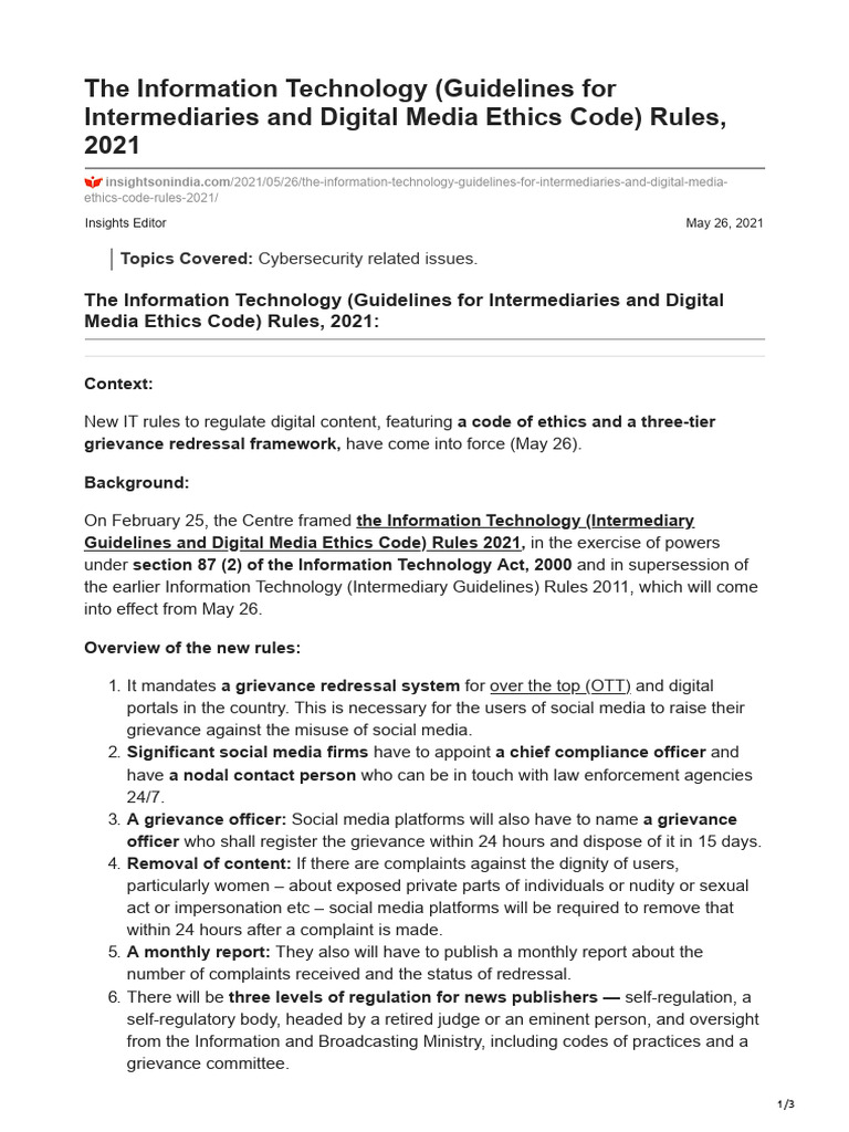 IT Rules 2021: Digital Media Ethics Code | PDF | Public Sphere | Cyberspace