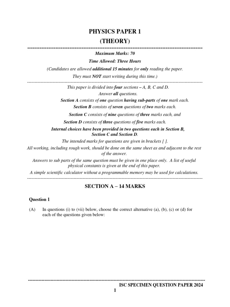 861 Physics Paper 1 Specimen Paper 1 | PDF | Light | Electrical ...
